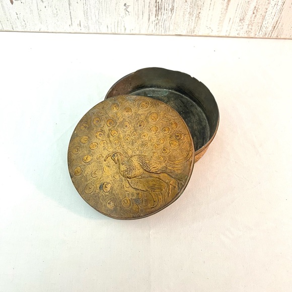 Accents | Vintage Peacock Box Round Metal Container Heavy Bronze Powder ...